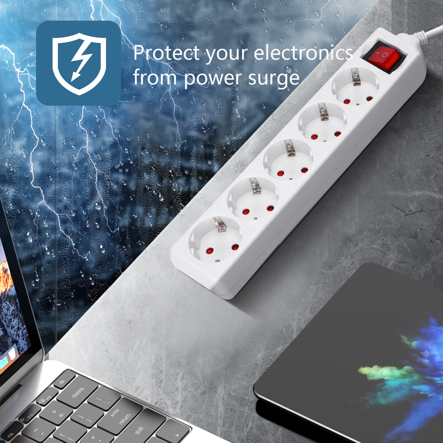 Regleta alemana de 5 vías con interruptor, 3 m, 3G, 1,5 mm? blanca