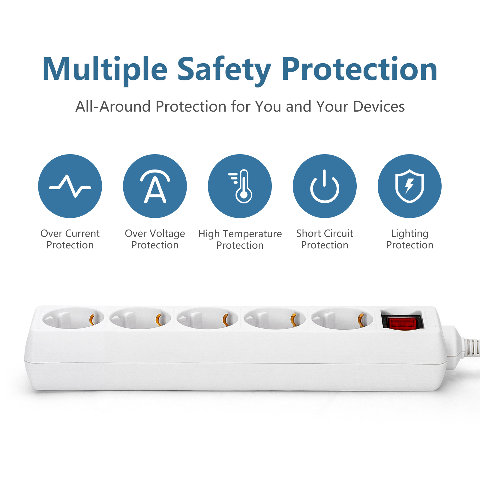 Regleta alemana de 5 vías sin cable y con interruptor, blanca