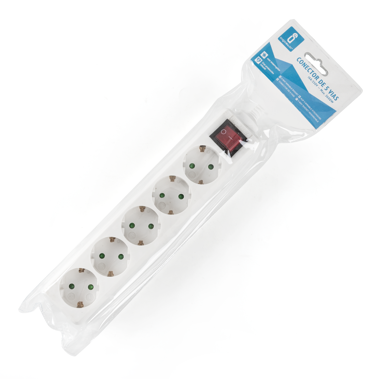 Regleta alemana de 5 vías sin cable y con interruptor, blanca