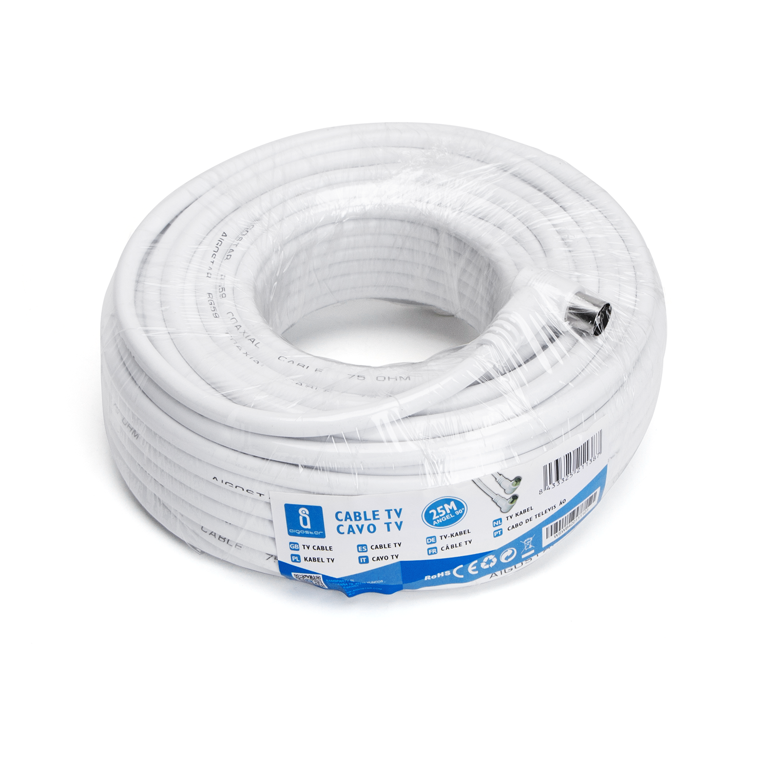 Cable de TV, 25 m, ángulo recto, blanco - Prendeluz
